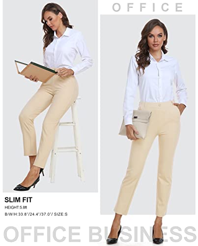 MoFiz Straight Leg Business Casual Dress Pants for Women Stretchy Office Work Teacher Petite Pants High Waisted Golf Slacks Pull On Trousers Khaki L