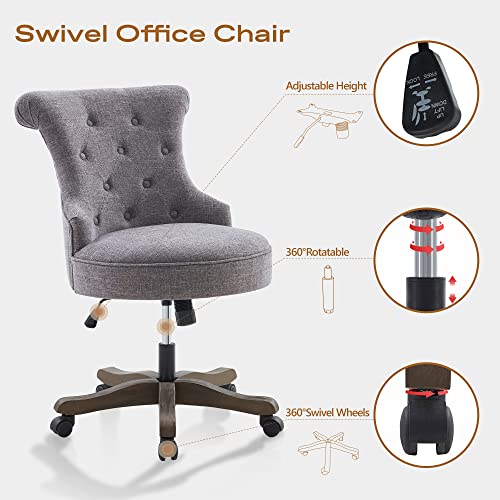 Batohom Home Office Chair Adjustable Height Swivel Chair with Wheels Linen Fabric Upholstered Computer Desk Chair with Wooden Legs Comfortable Armless Chair for Home Office Study Studio(Grey)