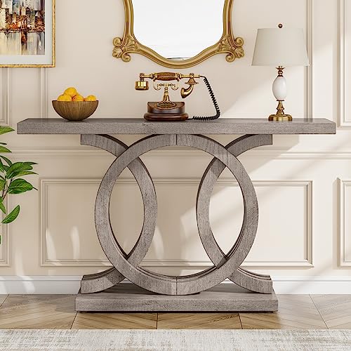 LITTLE TREE Entryway Console Table Wood: 55 inches Farmhouse Hallway Table with Geometric Base, Vintage Long Narrow Sofa Table for Living Room - Grey