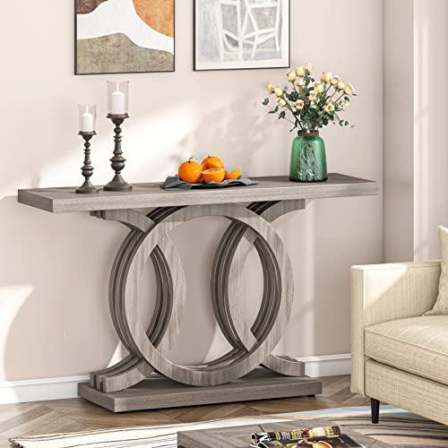 LITTLE TREE Entryway Console Table Wood: 55 inches Farmhouse Hallway Table with Geometric Base, Vintage Long Narrow Sofa Table for Living Room - Grey