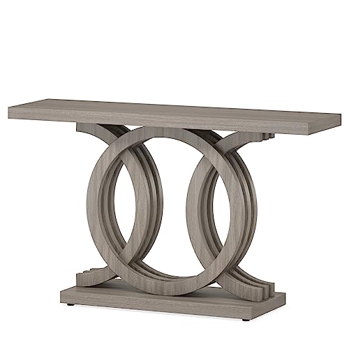 LITTLE TREE Entryway Console Table Wood: 55 inches Farmhouse Hallway Table with Geometric Base, Vintage Long Narrow Sofa Table for Living Room - Grey
