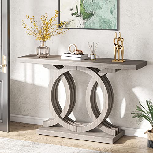LITTLE TREE Entryway Console Table Wood: 55 inches Farmhouse Hallway Table with Geometric Base, Vintage Long Narrow Sofa Table for Living Room - Grey