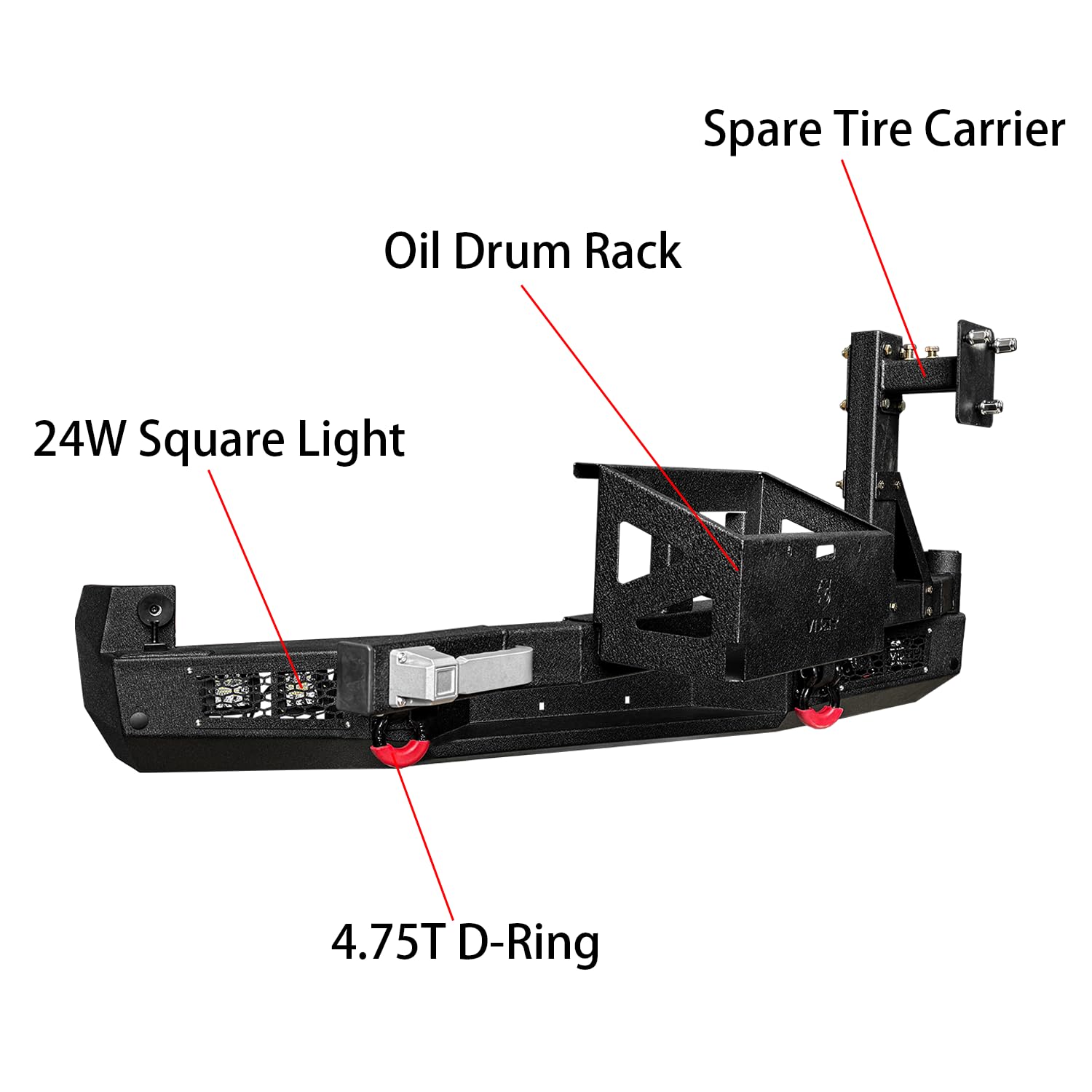 LUYWTE New Black Texture Steel Rear Bumper With Spare Tire Carrier&Sensor holes&D-Rings For 2005-2015 Tacoma