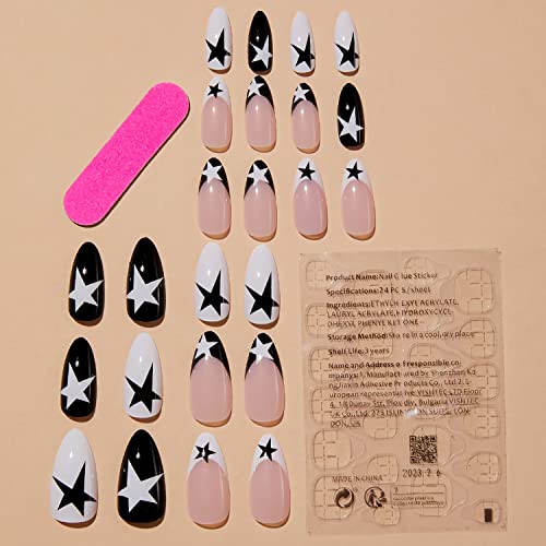 24 Pcs Press on Nails Medium Almond Fake Nails French Tip Black White Stars Designs False Nails with Black White Glossy Acrylic Full Cover Nude Acrylic Nails Reusable Artificial Nails for Women Girls
