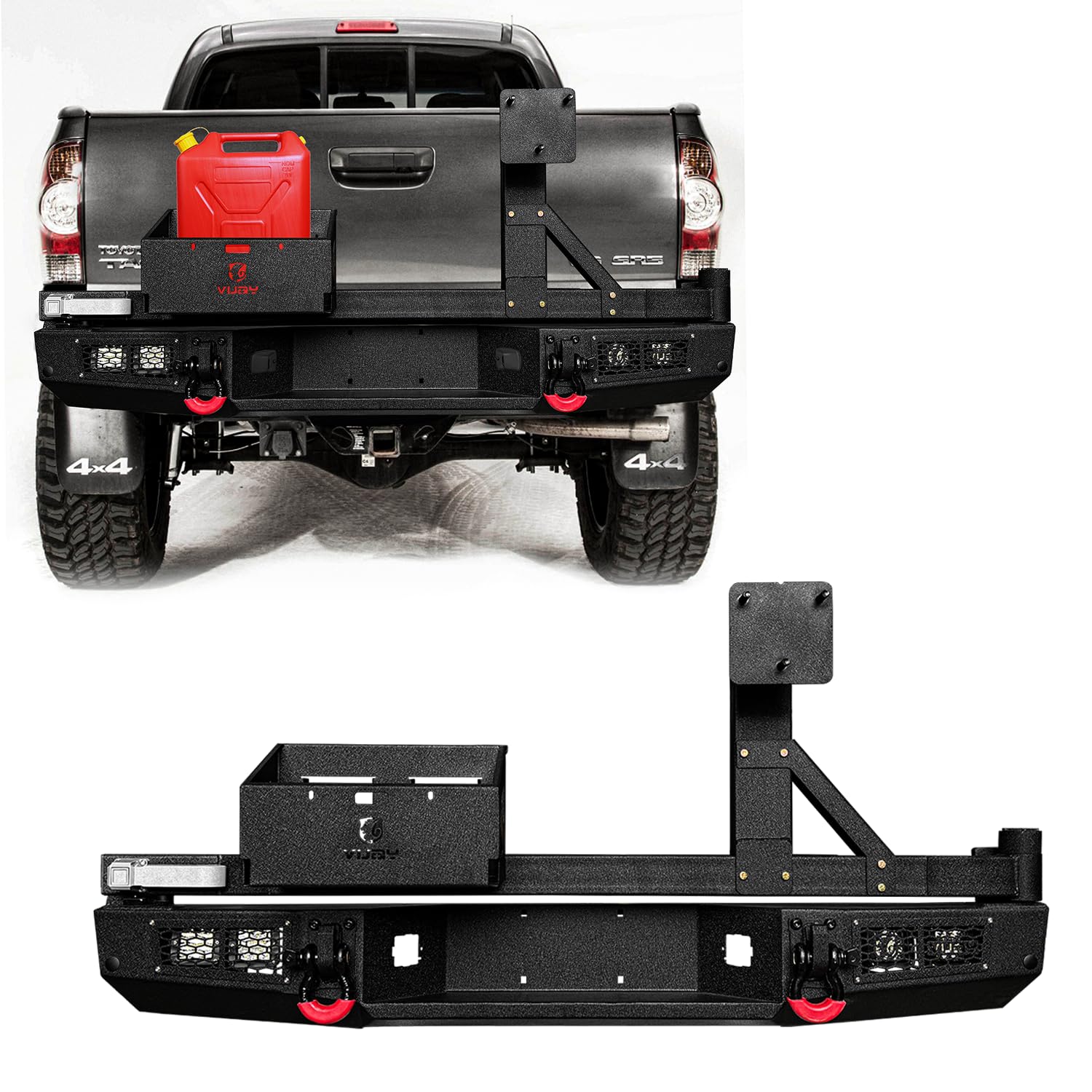 LUYWTE New Black Texture Steel Rear Bumper With Spare Tire Carrier&Sensor holes&D-Rings For 2005-2015 Tacoma