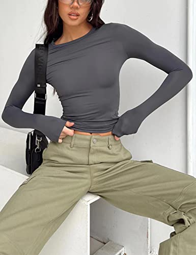 Lviefent Womens Casual Long Sleeve Workout Yoga Y2K Crop Top Slim Fit Basic Tee Shirt with Thumb Hole (Grey, Large)