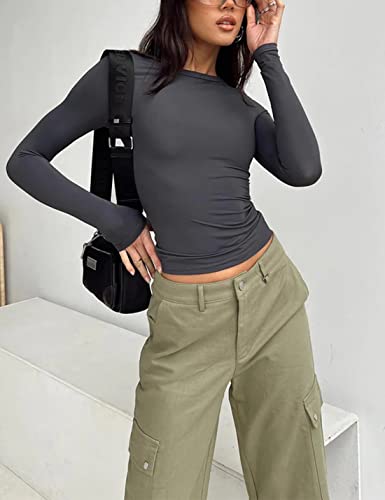 Lviefent Womens Casual Long Sleeve Workout Yoga Y2K Crop Top Slim Fit Basic Tee Shirt with Thumb Hole (Grey, Large)