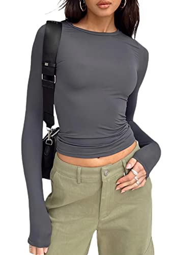 Lviefent Womens Casual Long Sleeve Workout Yoga Y2K Crop Top Slim Fit Basic Tee Shirt with Thumb Hole (Grey, Large)