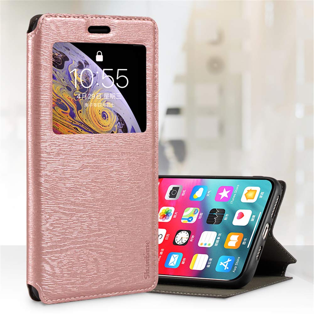 for Emporia Smart 4 Case, Wood Grain Leather Case with Card Holder and Window, Magnetic Flip Cover for Emporia Smart 4 (4.95β) Rose Gold