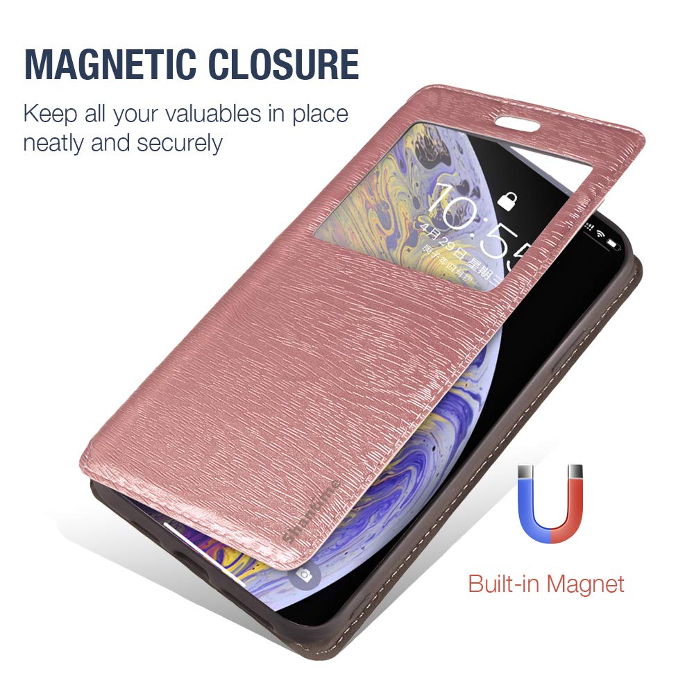 for Emporia Smart 4 Case, Wood Grain Leather Case with Card Holder and Window, Magnetic Flip Cover for Emporia Smart 4 (4.95β) Rose Gold