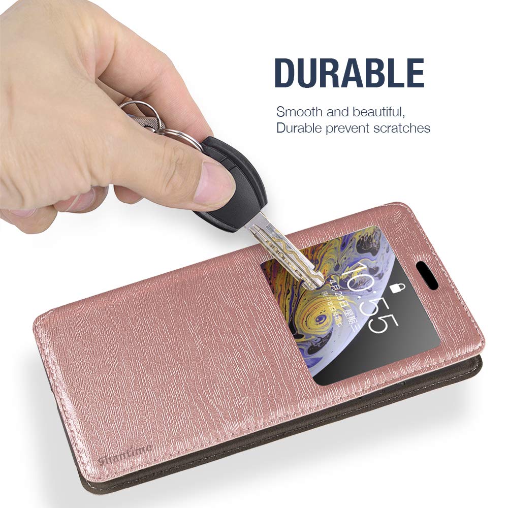 for Emporia Smart 4 Case, Wood Grain Leather Case with Card Holder and Window, Magnetic Flip Cover for Emporia Smart 4 (4.95β) Rose Gold