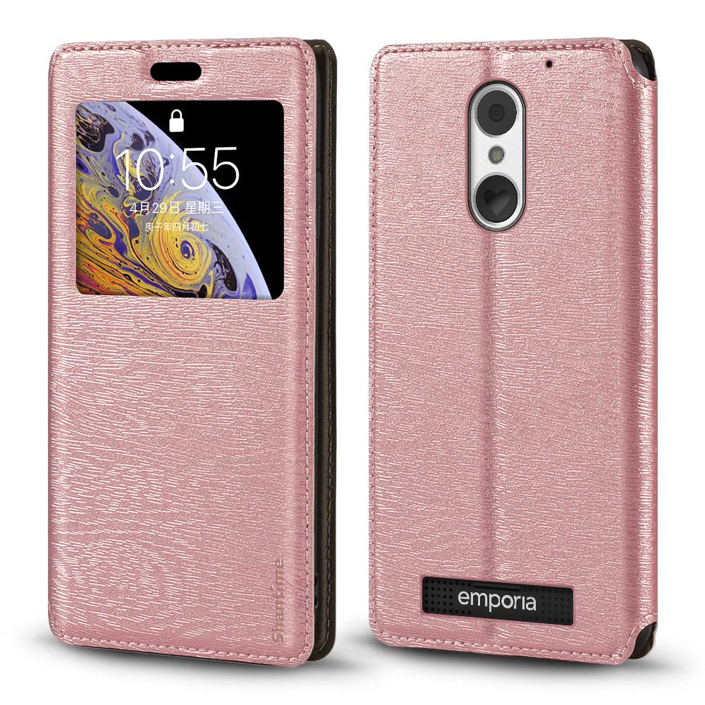 for Emporia Smart 4 Case, Wood Grain Leather Case with Card Holder and Window, Magnetic Flip Cover for Emporia Smart 4 (4.95”) Rose Gold