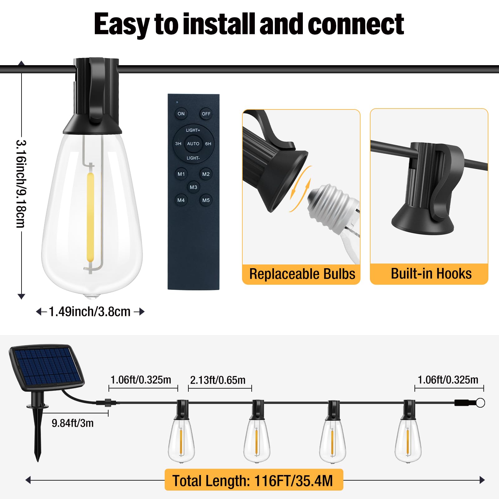 116FT Solar String Lights Outdoor Waterproof with Remote and USB Port, 53 Edison Bulb Outdoor Solar Powered Dimmable String Lights for Outside Patio, Backyard, Garden, Porch, Balcony