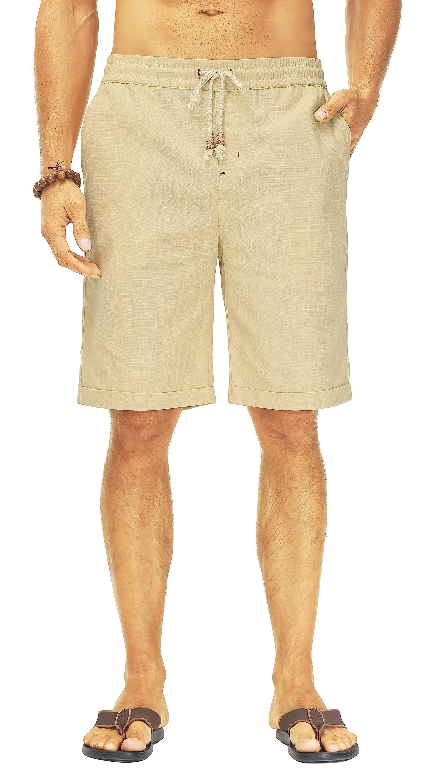 Janmid Men's Linen Shorts Casual Elastic Waist Drawstring Summer Beach Shorts Light Khaki M