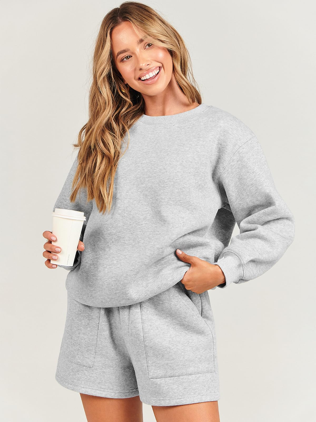 ANRABESS Women 2 Piece Outfits Sweat Shorts Sets 2025 Oversized Casual Lounge Matching Set Sweatsuit Tracksuit Clothes Light Grey Small
