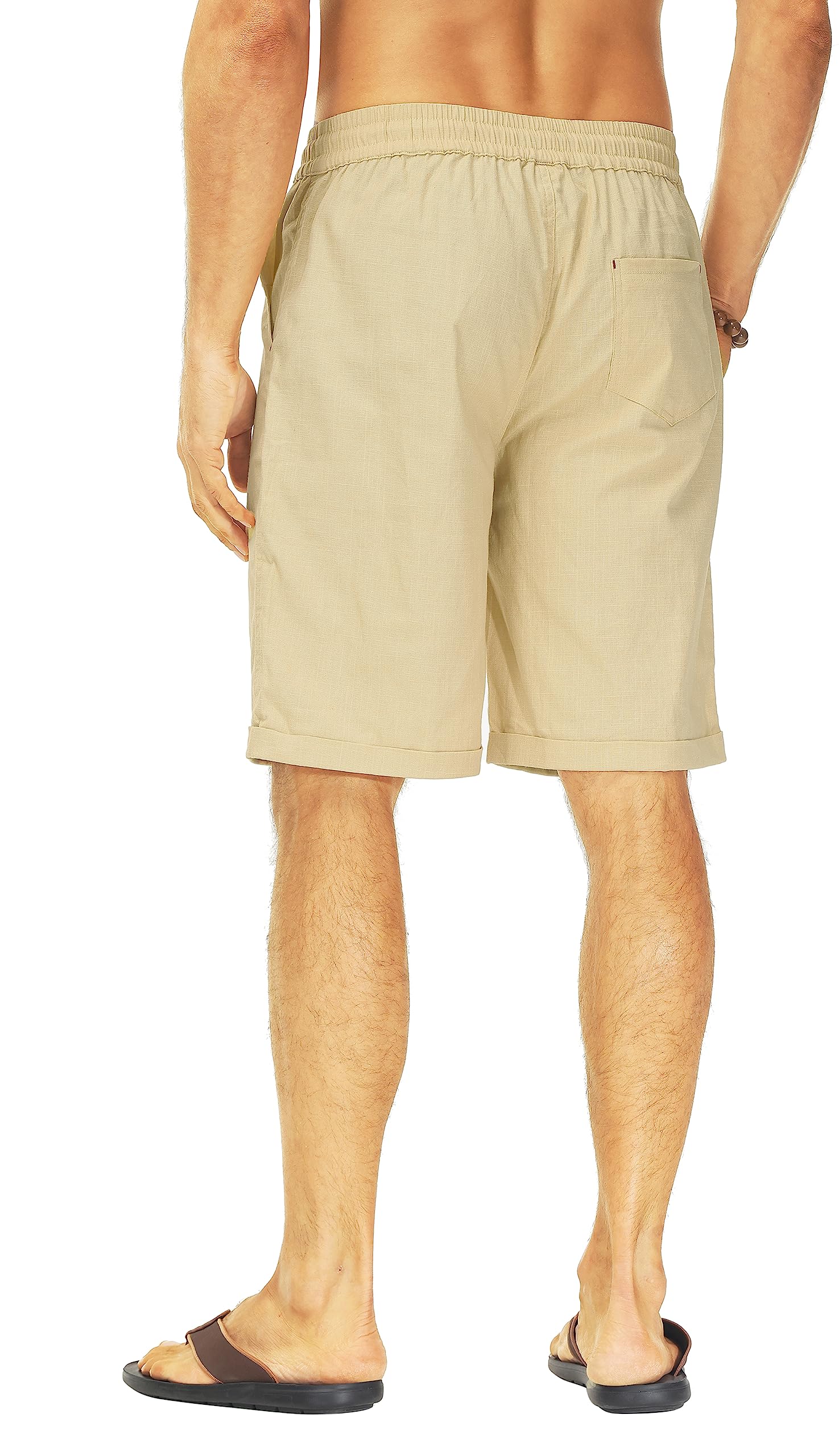 Janmid Men's Linen Shorts Casual Elastic Waist Drawstring Summer Beach Shorts Light Khaki M