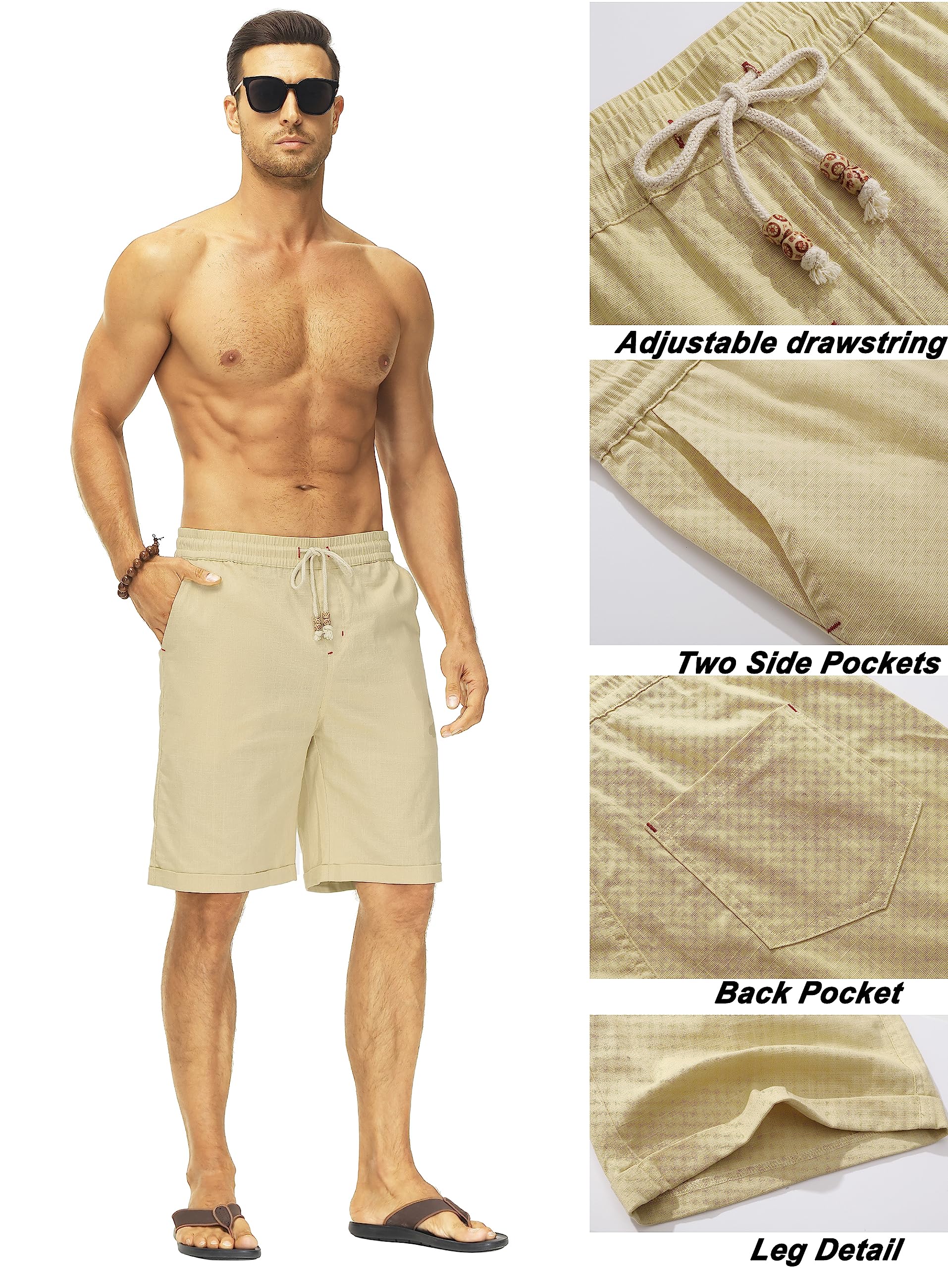 Janmid Men's Linen Shorts Casual Elastic Waist Drawstring Summer Beach Shorts Light Khaki M