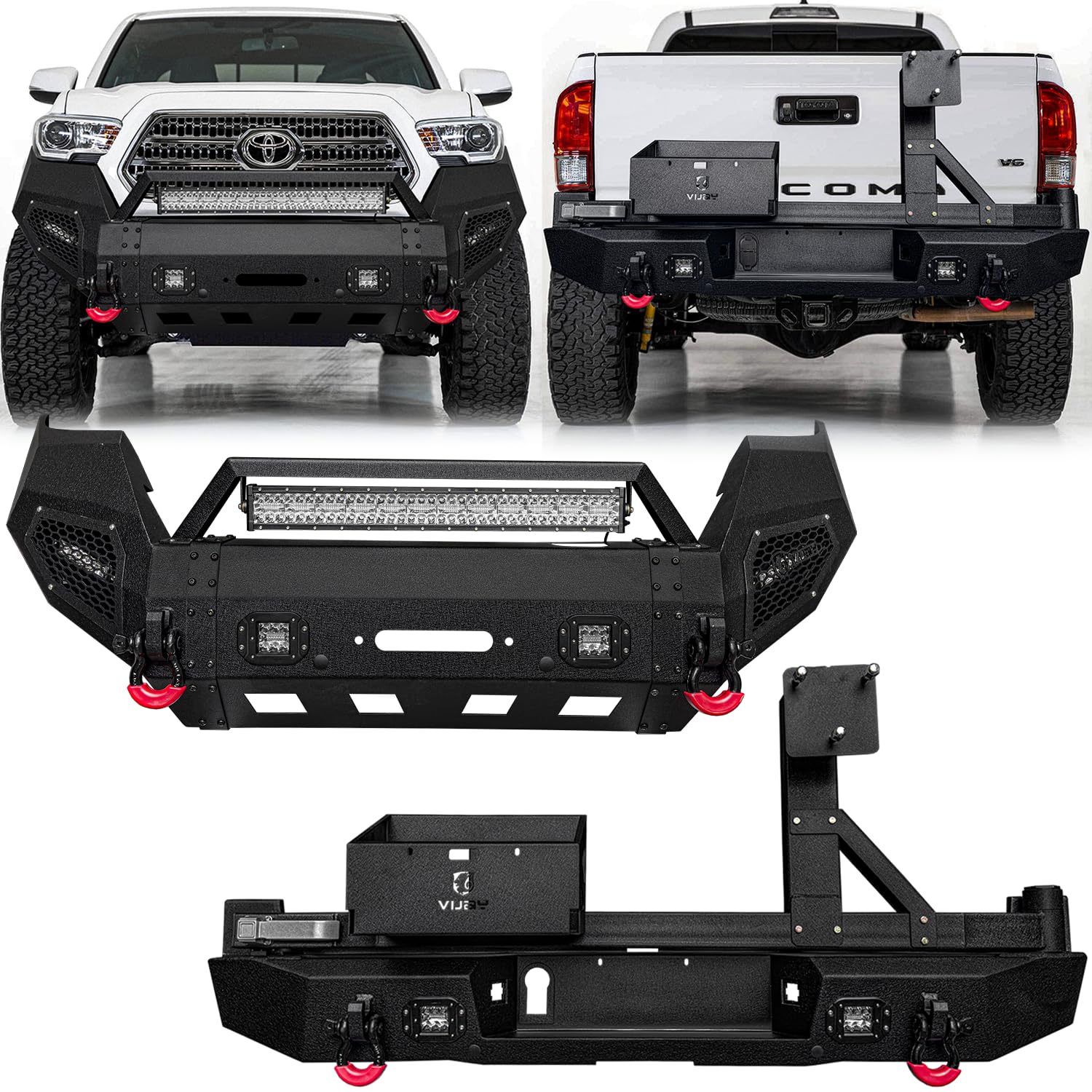 LUYWTE Fit 2016-2023 Tacoma Steel Front and Rear Bumper With Winch Plate&Tire Carrier&LED Lights（Black Texture）