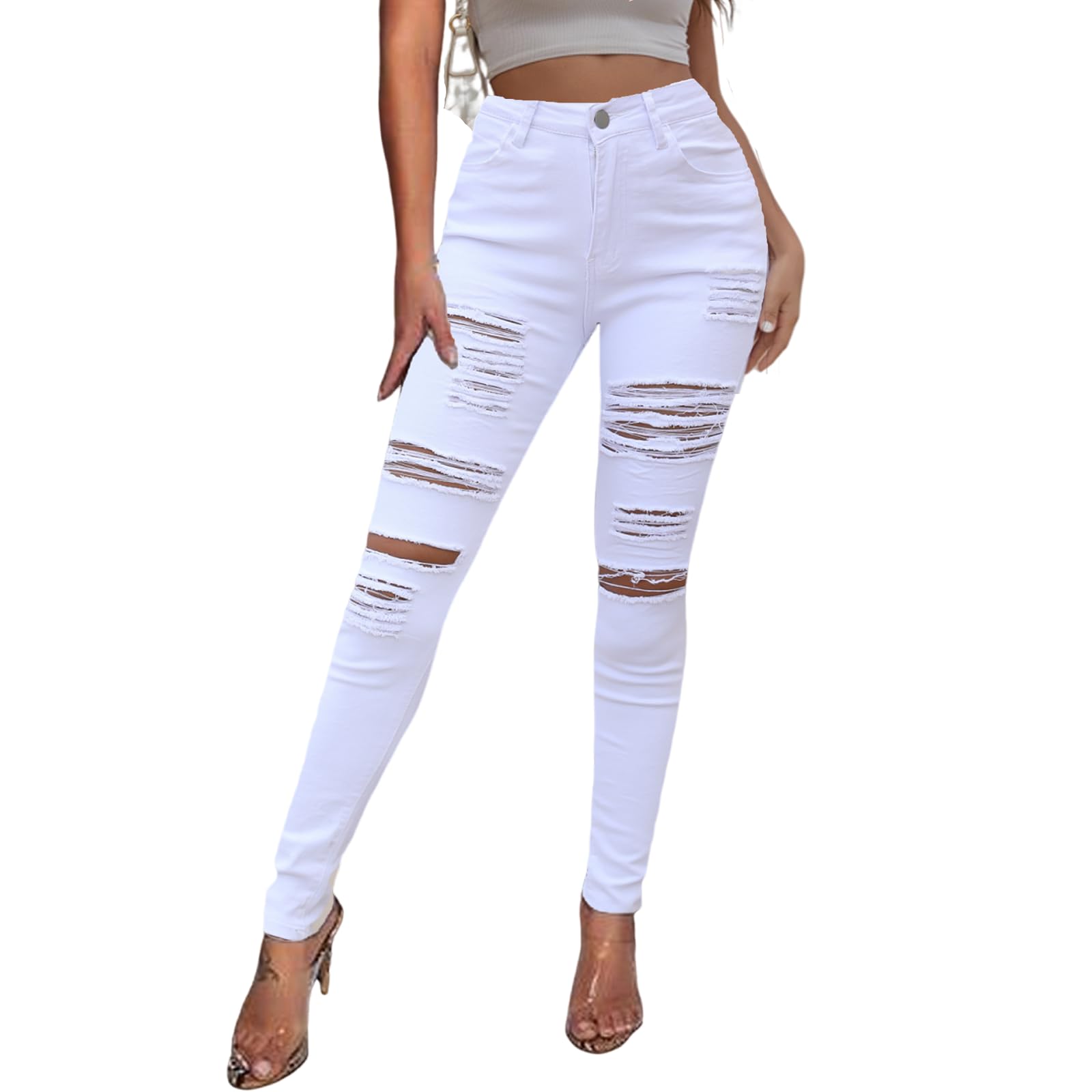 Cqinnifu High Waisted White Ripped Jeans for Women Stretch Butt Lifting Distressed Jean Skinny Jeggings for Women