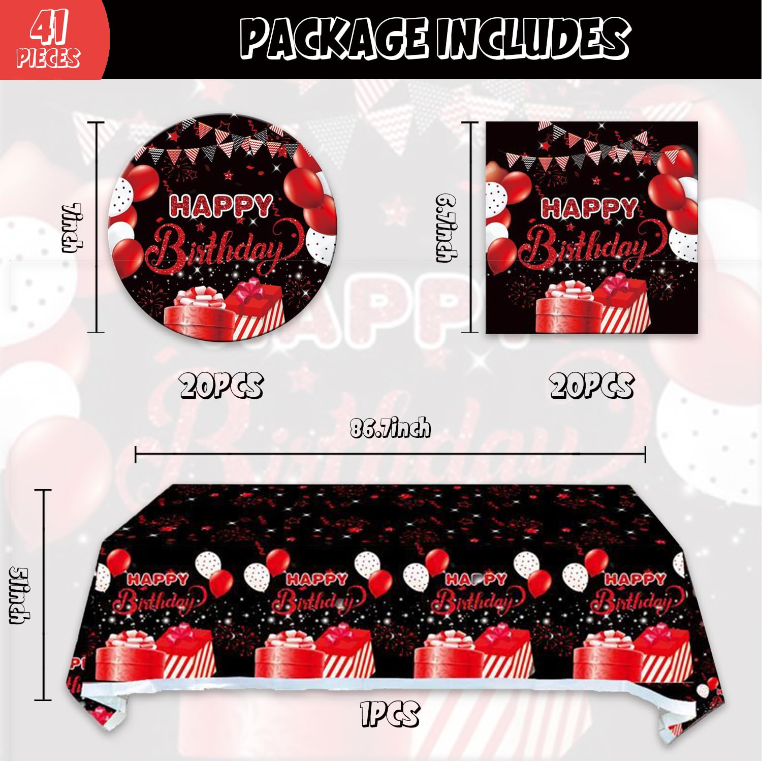 41pcs Black and red Party Supplies ,include 20 Plates, 20 Napkin and 1pcs Tablecloth,Used for Black and red Birthday Party Decoration (AAA)