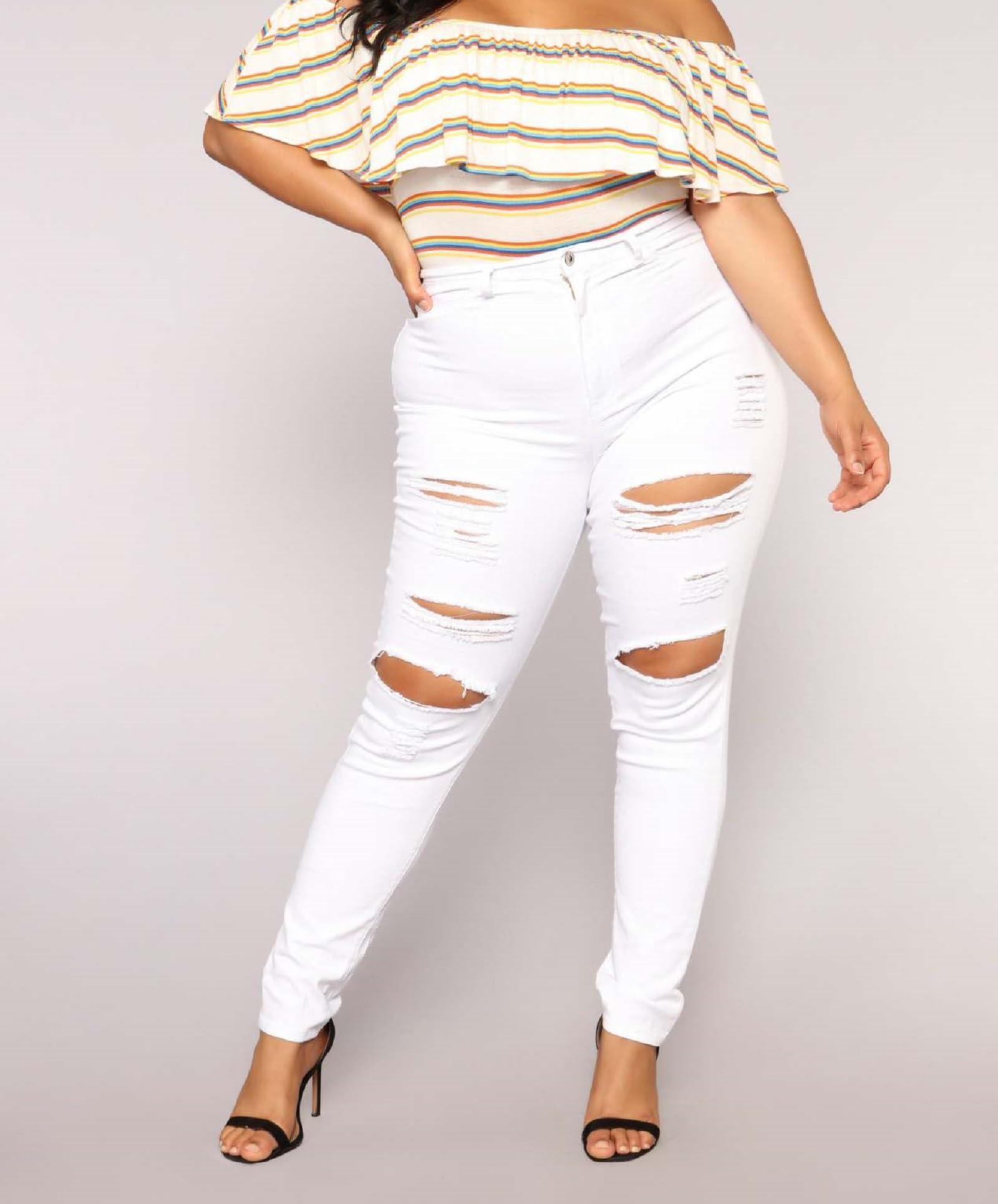 Cqinnifu High Waisted White Ripped Jeans for Women Stretch Butt Lifting Distressed Jean Skinny Jeggings for Women