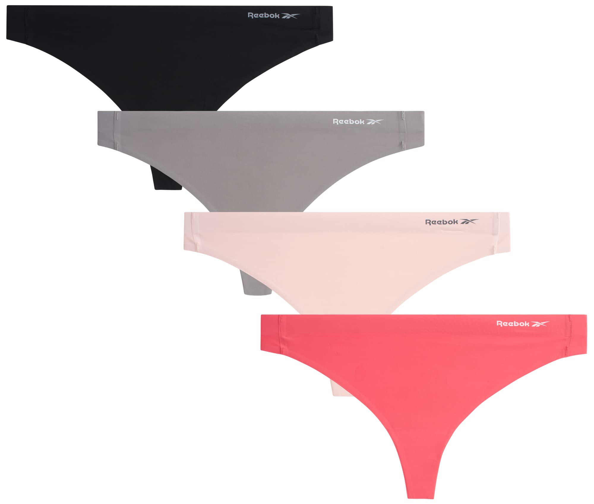 Reebok Women's Thong Underwear - 4 Pack or 8 Pack Breathable Stretch Performance Sexy Seamless Thong Panties for Women (S-XL), Size Small, Coral Paradise/Lotus/Sharkskin/Black-4pk
