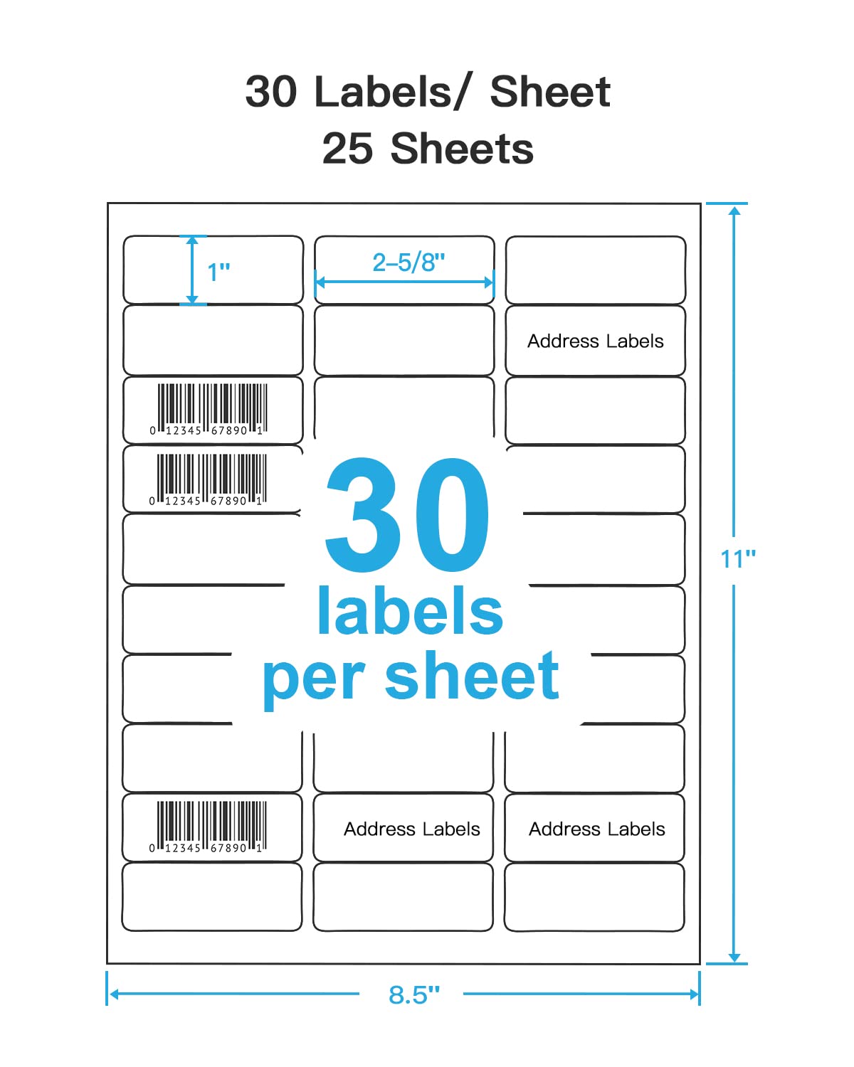 Shipping Address Labels, 1" x 2-5/8" Address Labels for Laser & Inkjet Printers, Mailing Labels for 5160, 5260, 8160, Strong Adhesive for FBA Label, Easy to Peel (25 Sheets, 750 Labels)