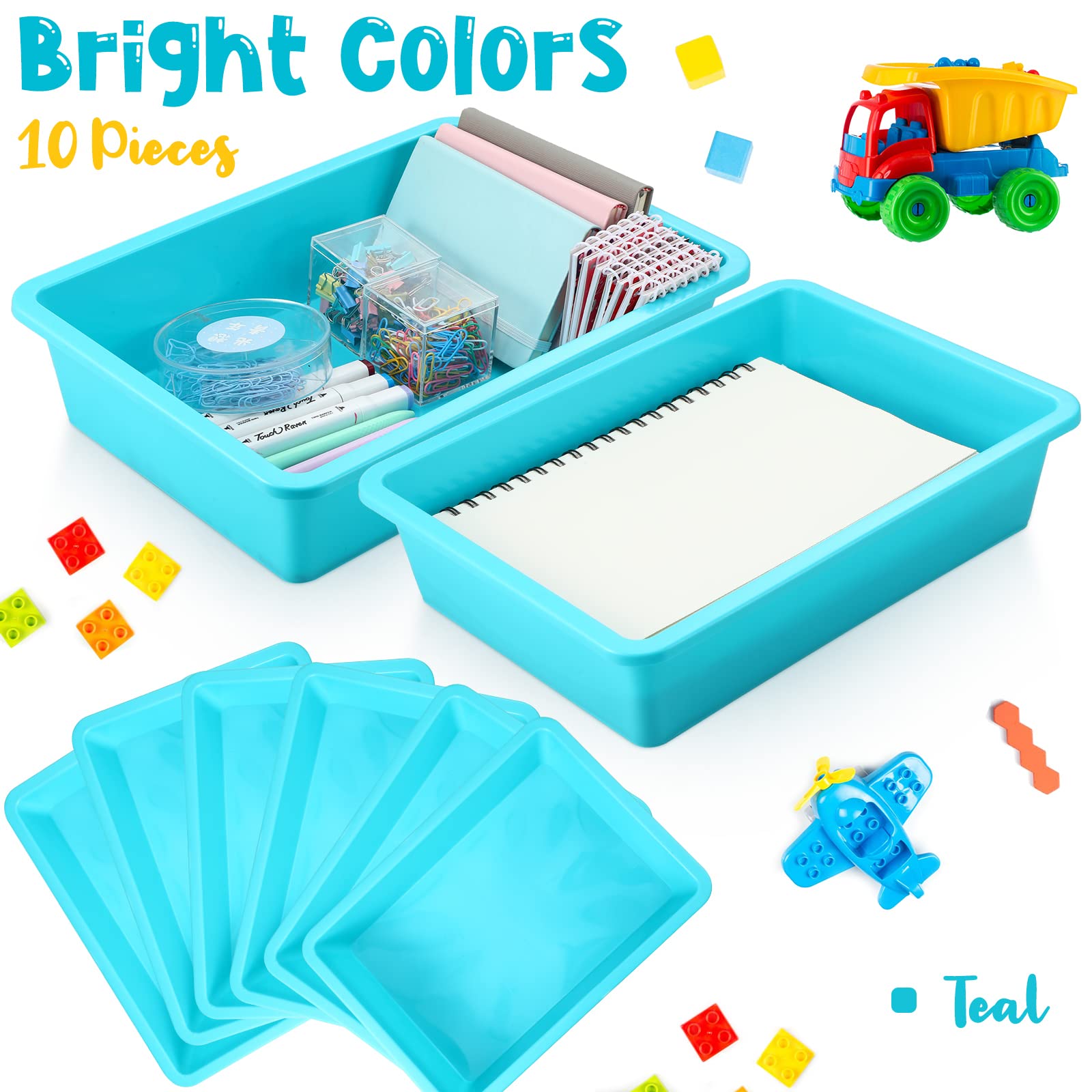 Kigley 10 Pcs Flat Storage Tray Organizer Bin Letter Size Paper Trays for Classroom Art Activity Plastic Stackable File Paper Organizer for Teacher Students School Office Book Organization