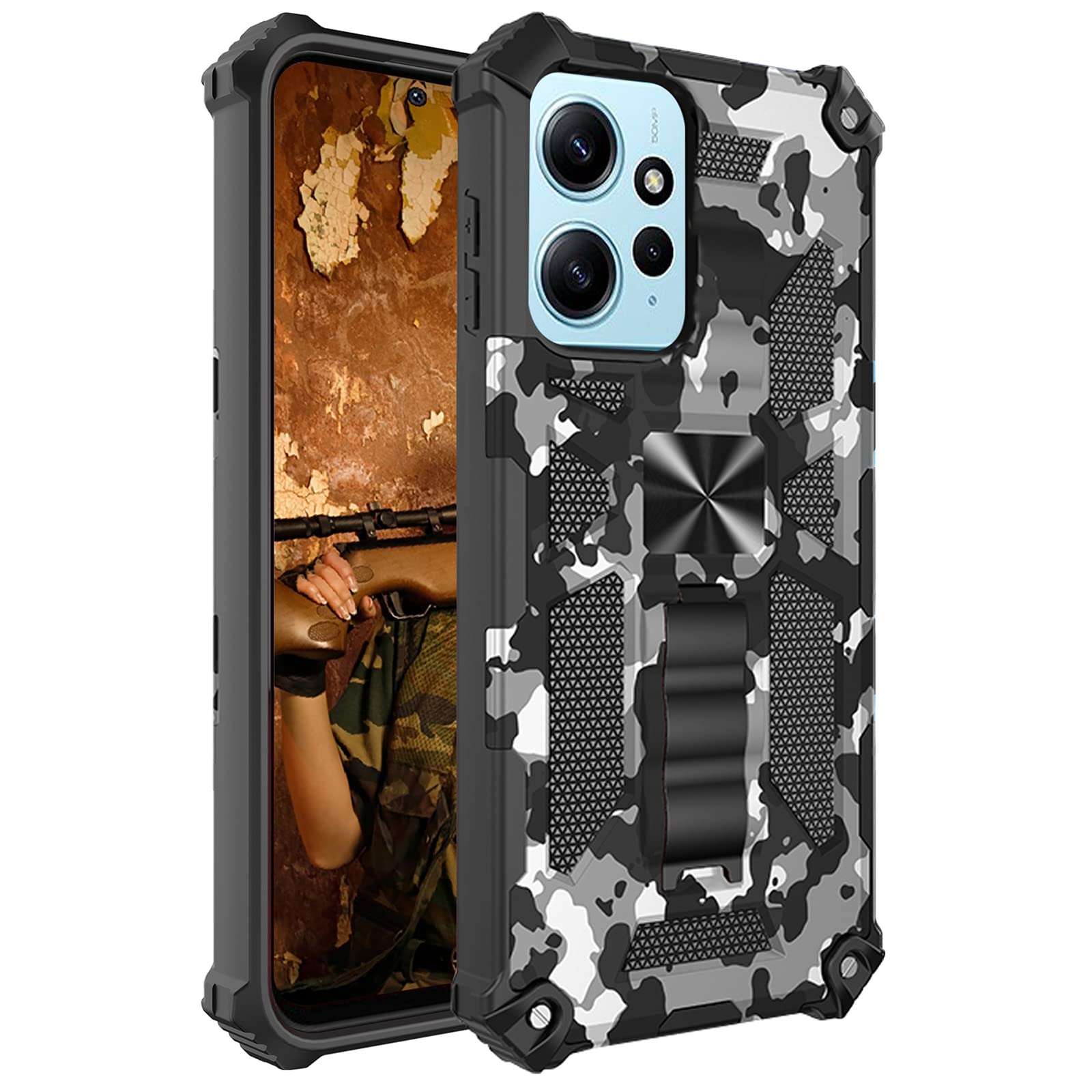 Ysnzaq Military Grade Camo Case for Xiaomi Redmi Note 12 4G (Not 5G), Rugged Shockproof Armor Phone Cover with Built in Kickstand for Xiaomi Redmi Note 12 4G MC Marble Black
