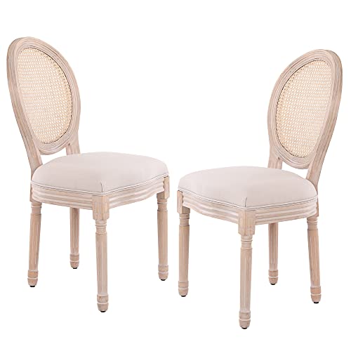 Henf French Country Dining Chairs Set of 2,Vintage Dining Chairs with Solid Wood Frame,Side Chairs Farmhouse Dining Chairs for Kitchen,Restaurant,Upholstered Dining Room Chair (Beige, Round Back)