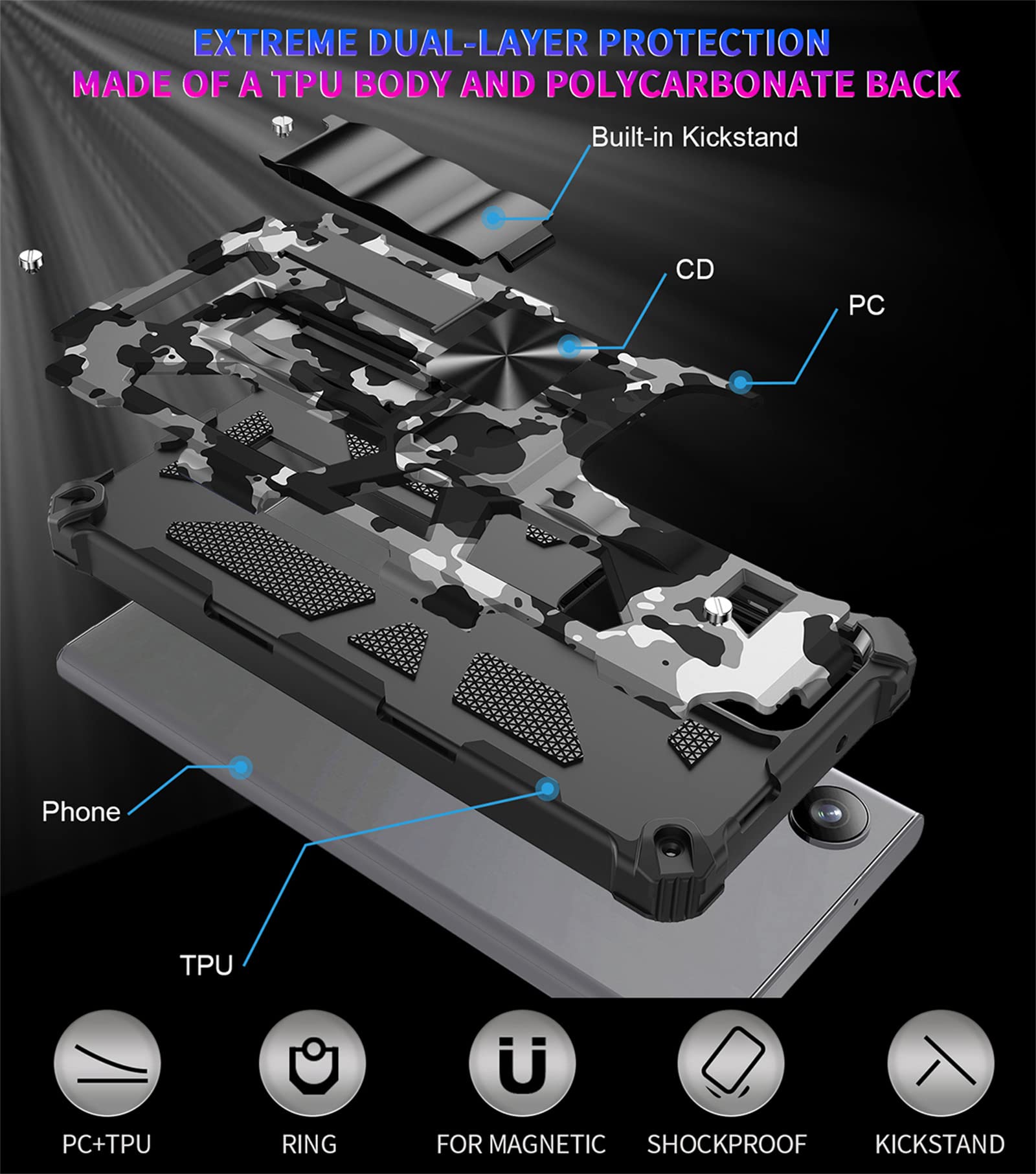 Ysnzaq Military Grade Camo Case for Xiaomi Redmi Note 12 4G (Not 5G), Rugged Shockproof Armor Phone Cover with Built in Kickstand for Xiaomi Redmi Note 12 4G MC Marble Black