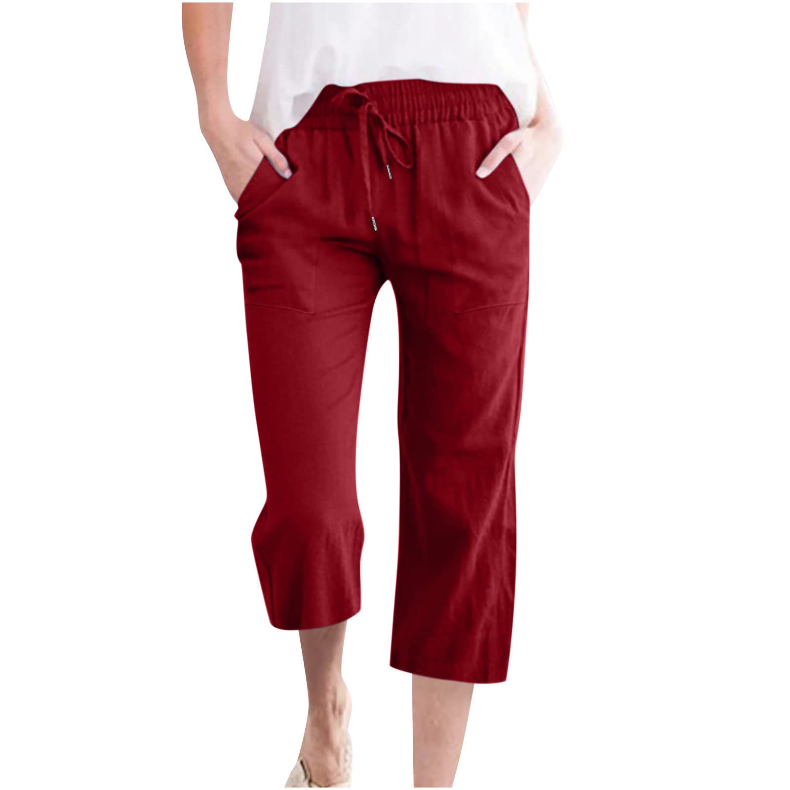 Womens Capris for Summer Capri Pants Casual 2023 Summer Drawstring Elastic High Waist Linen Pant Straight Wide Leg Cropped Trouser