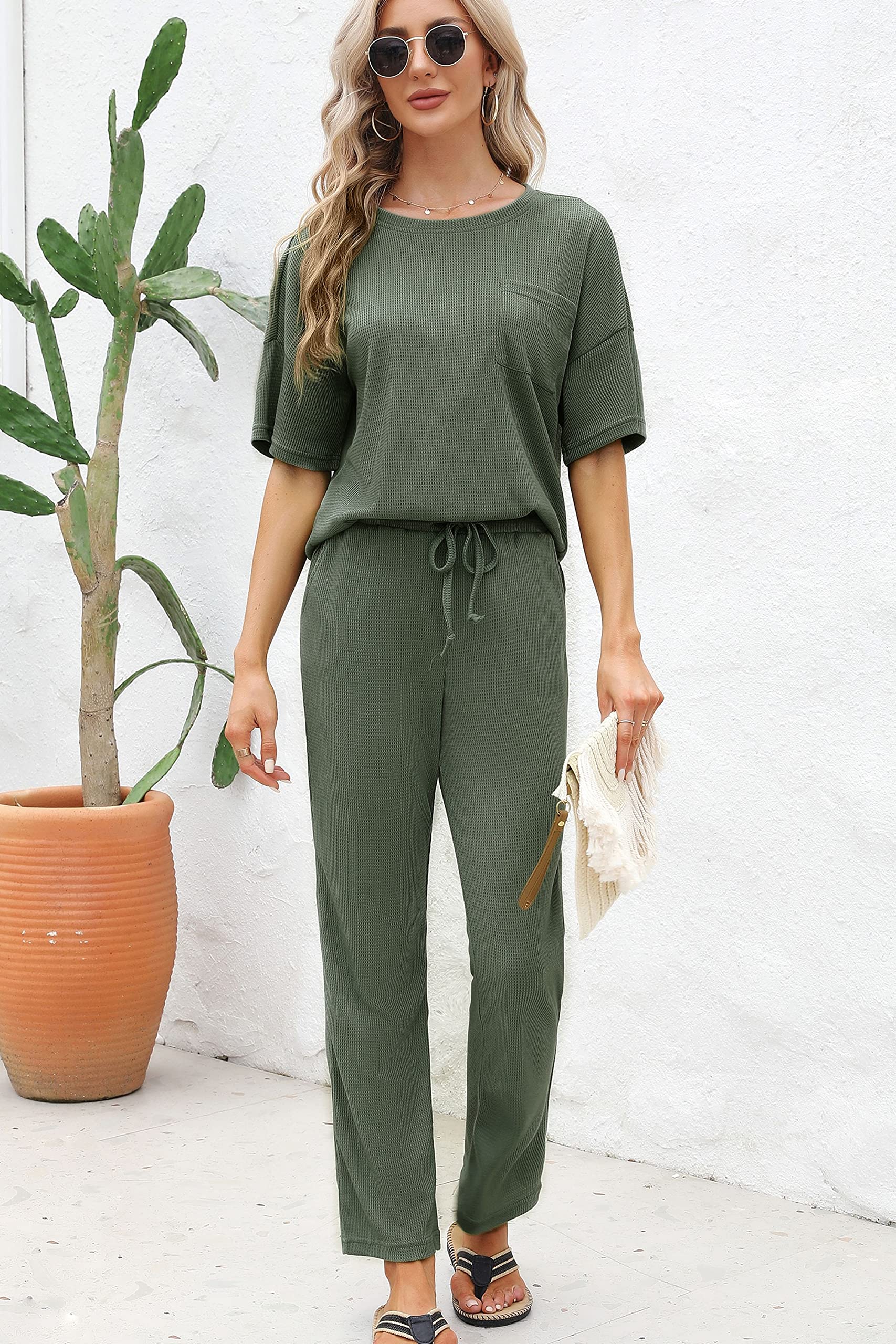 JiniGolla Womens Pajama Sets Waffle Short Sleeve Pj Set Sleepwear Two Piece Loungewear Lounge Sets Green M