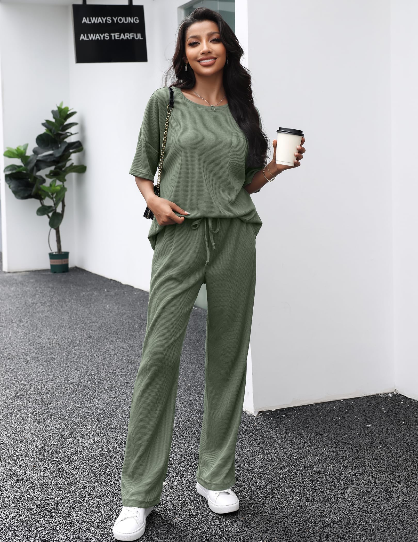 JiniGolla Womens Pajama Sets Waffle Short Sleeve Pj Set Sleepwear Two Piece Loungewear Lounge Sets Green M