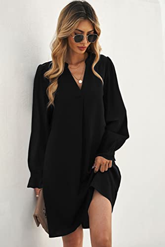 MARZXIN Casual 2025 Mini Dresses for Women Split V Neck Ruffled Sleeves Shirt Dress Long Sleeve Fall Formal Dresses Black L