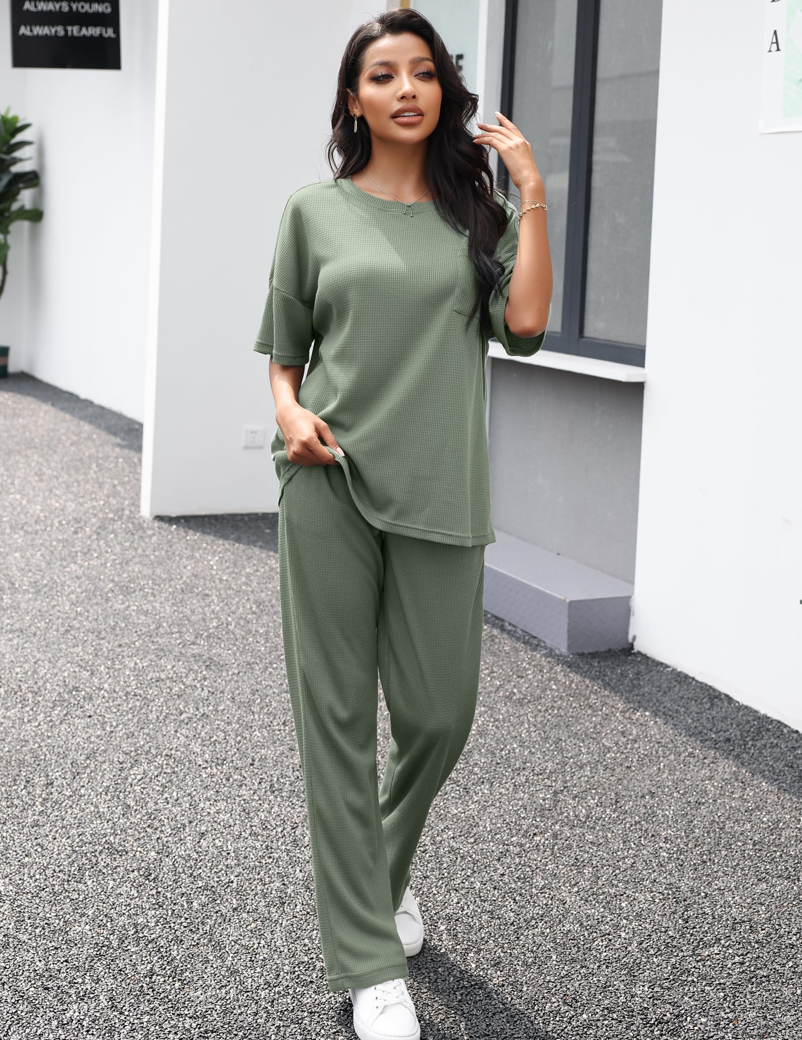 JiniGolla Womens Pajama Sets Waffle Short Sleeve Pj Set Sleepwear Two Piece Loungewear Lounge Sets Green M