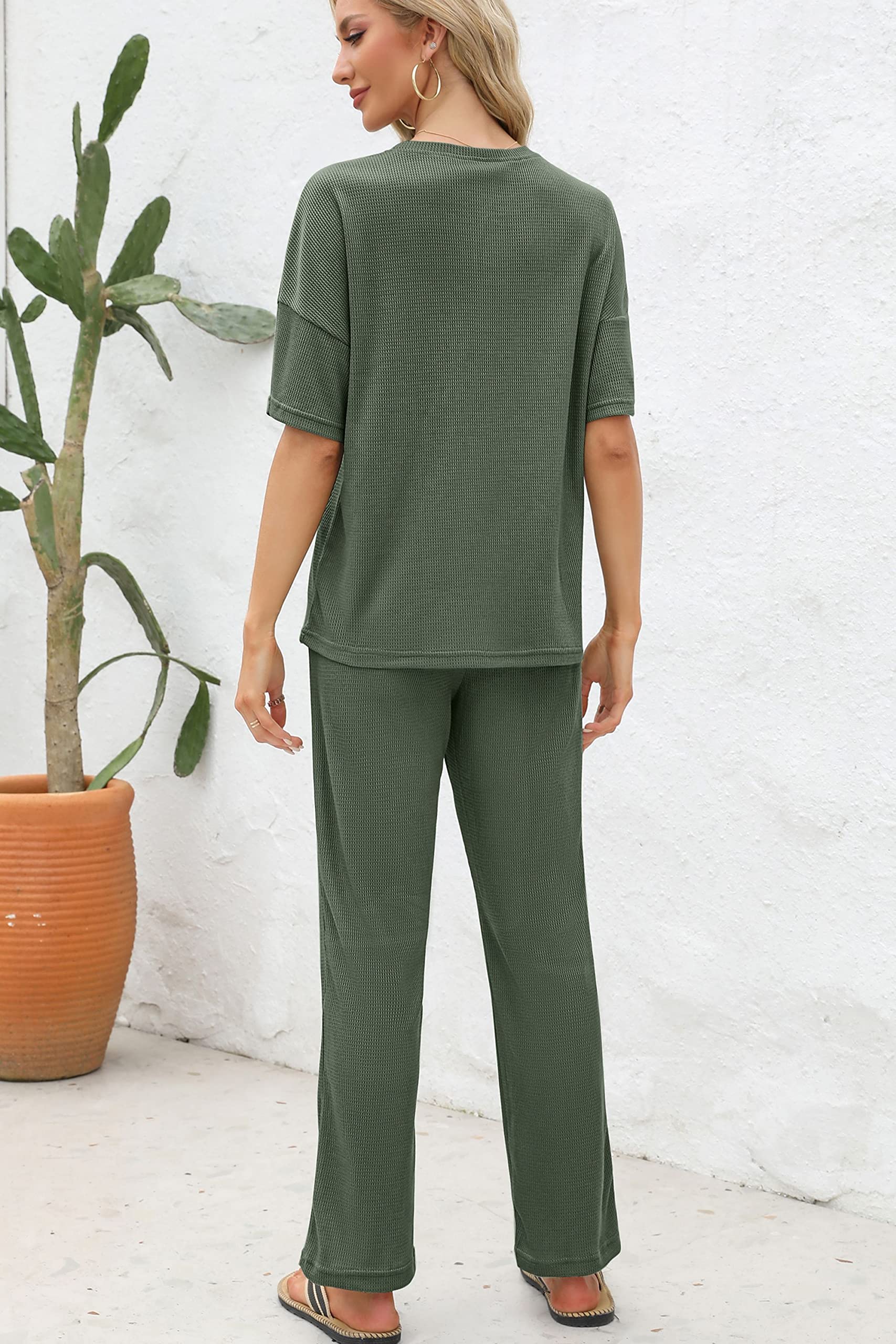 JiniGolla Womens Pajama Sets Waffle Short Sleeve Pj Set Sleepwear Two Piece Loungewear Lounge Sets Green M