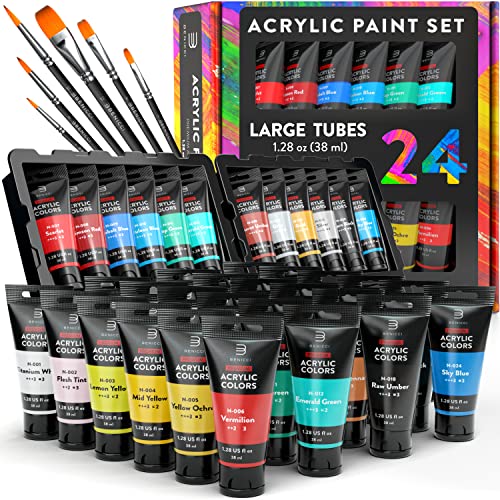 Premium Quality Acrylic Paint Set 24 Colors - 1.28oz (38ml) - with 6 Nylon Brushes - Safe for Kids & Adults - Perfect Kit for Beginners, Pros & Artists to Create Amazing Paintings and Artwork