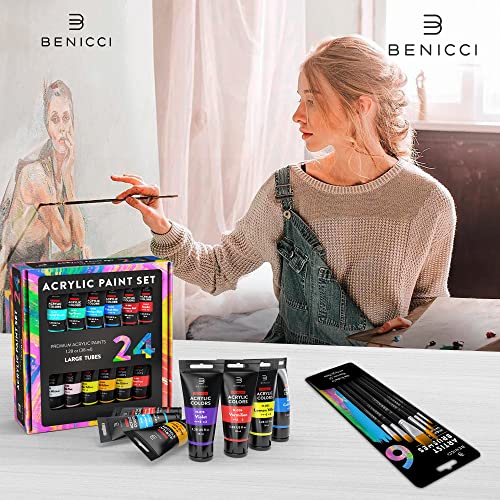 Premium Quality Acrylic Paint Set 24 Colors - 1.28oz (38ml) - with 6 Nylon Brushes - Safe for Kids & Adults - Perfect Kit for Beginners, Pros & Artists to Create Amazing Paintings and Artwork