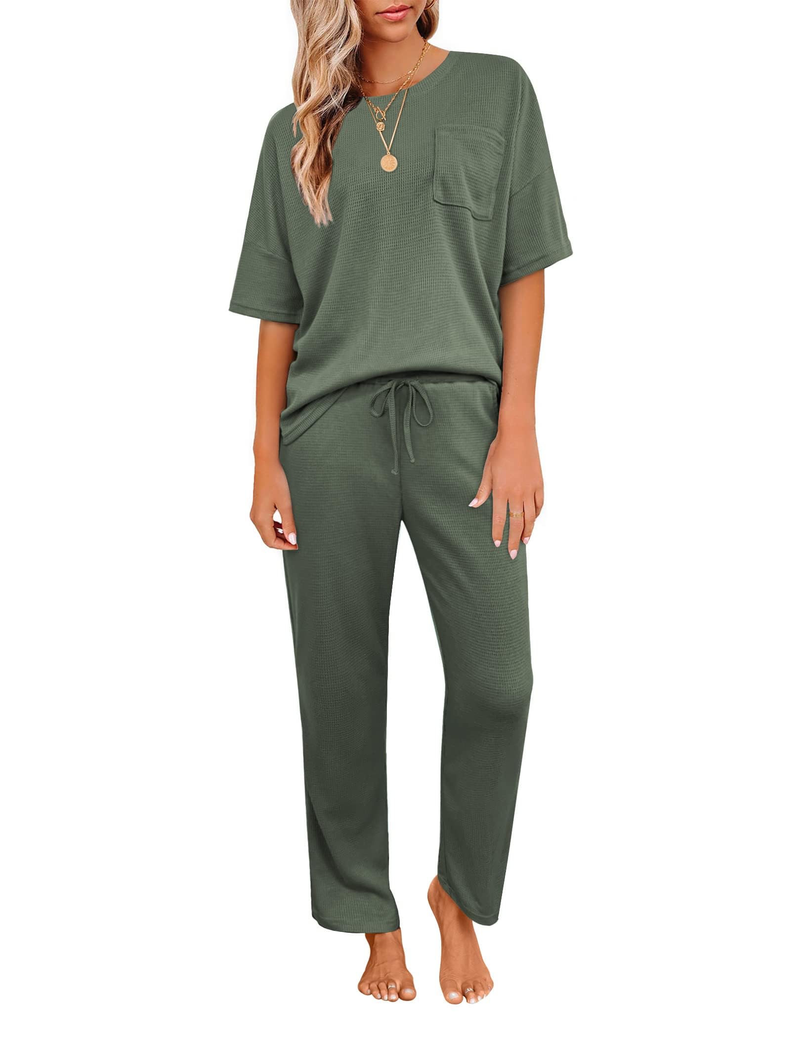 JiniGolla Womens Pajama Sets Waffle Short Sleeve Pj Set Sleepwear Two Piece Loungewear Lounge Sets Green M