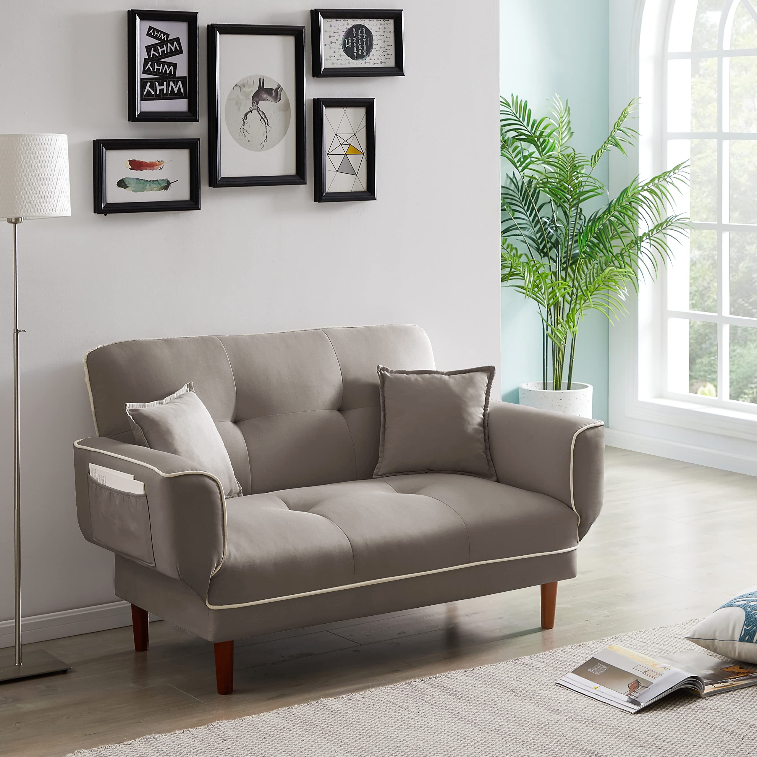 Lepfun Convertible Bed 2 Pillows, Loveseat Sleeper Futon, Recliner Couch with Adjustable Armrest and Wood Legs,Living Room Sofa with Backrest for Small Space(Light Grey)