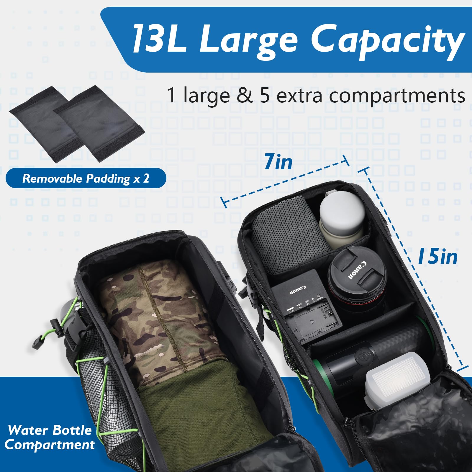 Zacro Bike Bag Rear Rack, 13L Waterproof Bicycle Trunk Reflective Saddle Bag, 3 in 1 Shoulder/Handheld/Electric Ebike Pack Cargo Bag, Cycling Back Seat Luggage Pannier Pouch with Strap&Rain Cover