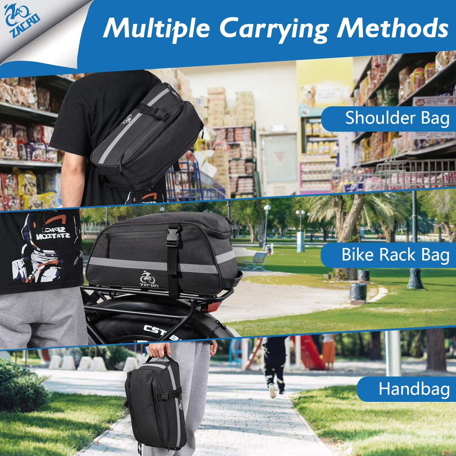Zacro Bike Bag Rear Rack, 13L Waterproof Bicycle Trunk Reflective Saddle Bag, 3 in 1 Shoulder/Handheld/Electric Ebike Pack Cargo Bag, Cycling Back Seat Luggage Pannier Pouch with Strap&Rain Cover