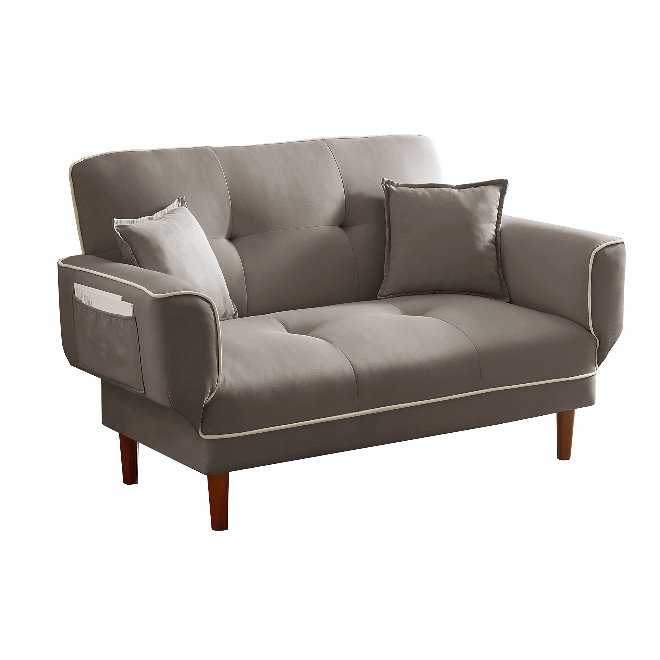 Lepfun Convertible Bed 2 Pillows, Loveseat Sleeper Futon, Recliner Couch with Adjustable Armrest and Wood Legs,Living Room Sofa with Backrest for Small Space(Light Grey)