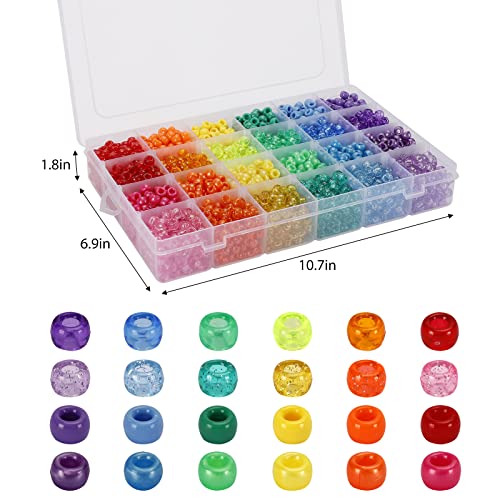 Quefe 2880pcs Pony Beads Kit Rainbow Beads Plastic Bead for Craft 6 x 9mm 24 Colors 4 Styles Large Hole Beads Set for Bracelets Jewelry Making