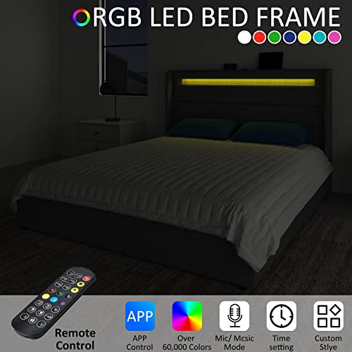 LUXOAK Full LED Bed Frame with Wingback Headboard & 4 Storage Drawers, Upholstered Platform Bed with USB & USB-C Ports, App/Remote Control, Box Spring Optional, Dark Grey…