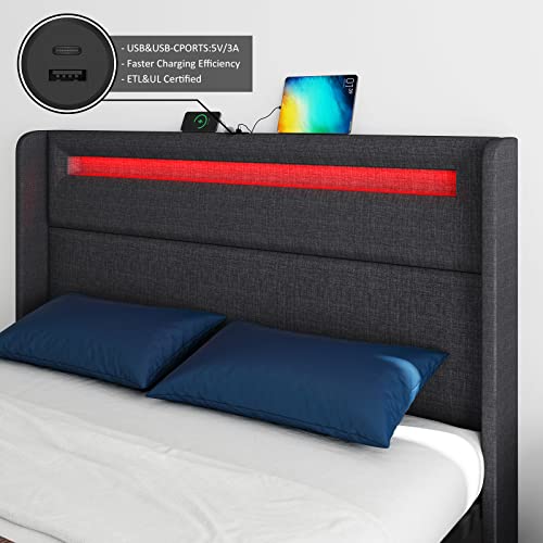 LUXOAK Full LED Bed Frame with Wingback Headboard & 4 Storage Drawers, Upholstered Platform Bed with USB & USB-C Ports, App/Remote Control, Box Spring Optional, Dark Grey…