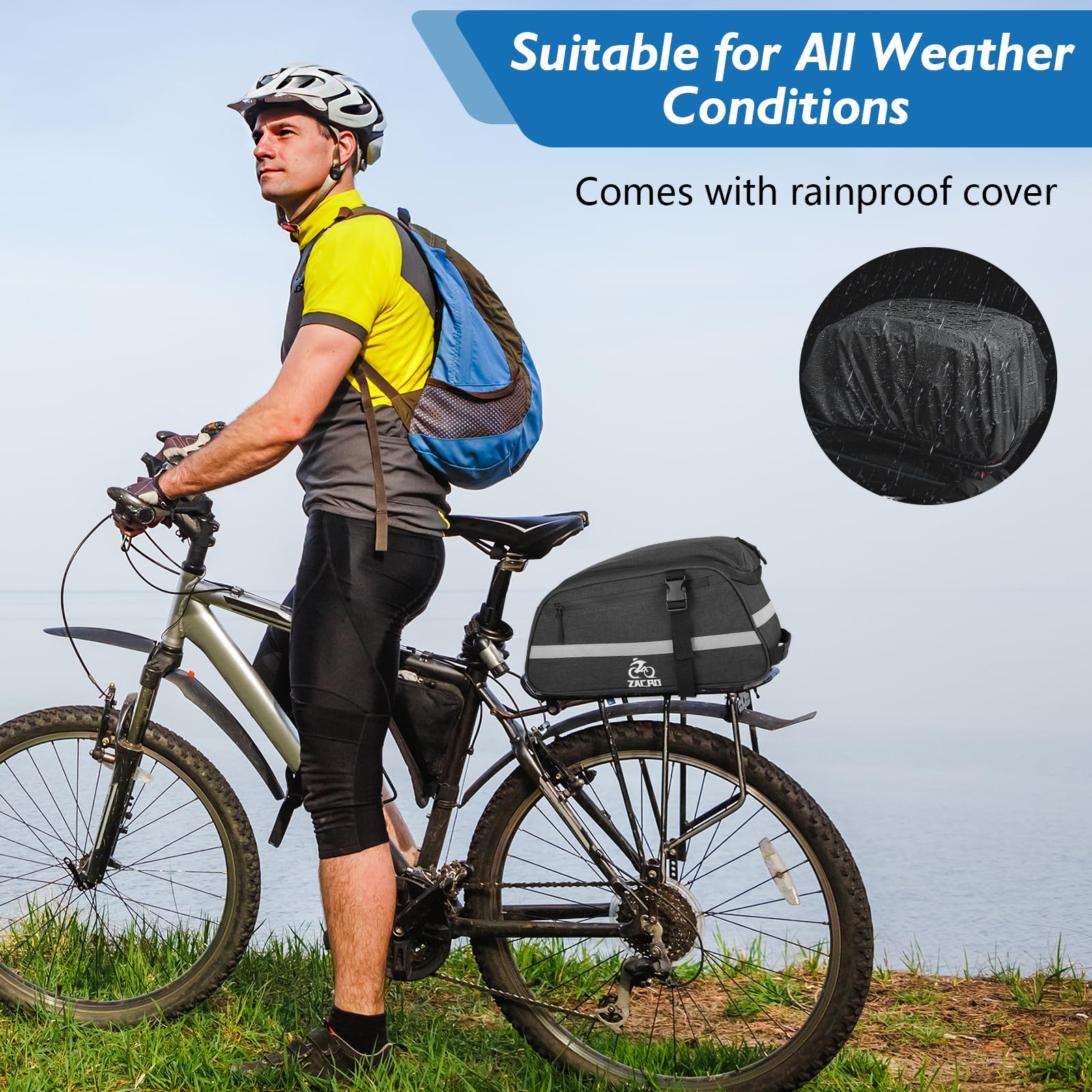Zacro Bike Bag Rear Rack, 13L Waterproof Bicycle Trunk Reflective Saddle Bag, 3 in 1 Shoulder/Handheld/Electric Ebike Pack Cargo Bag, Cycling Back Seat Luggage Pannier Pouch with Strap&Rain Cover