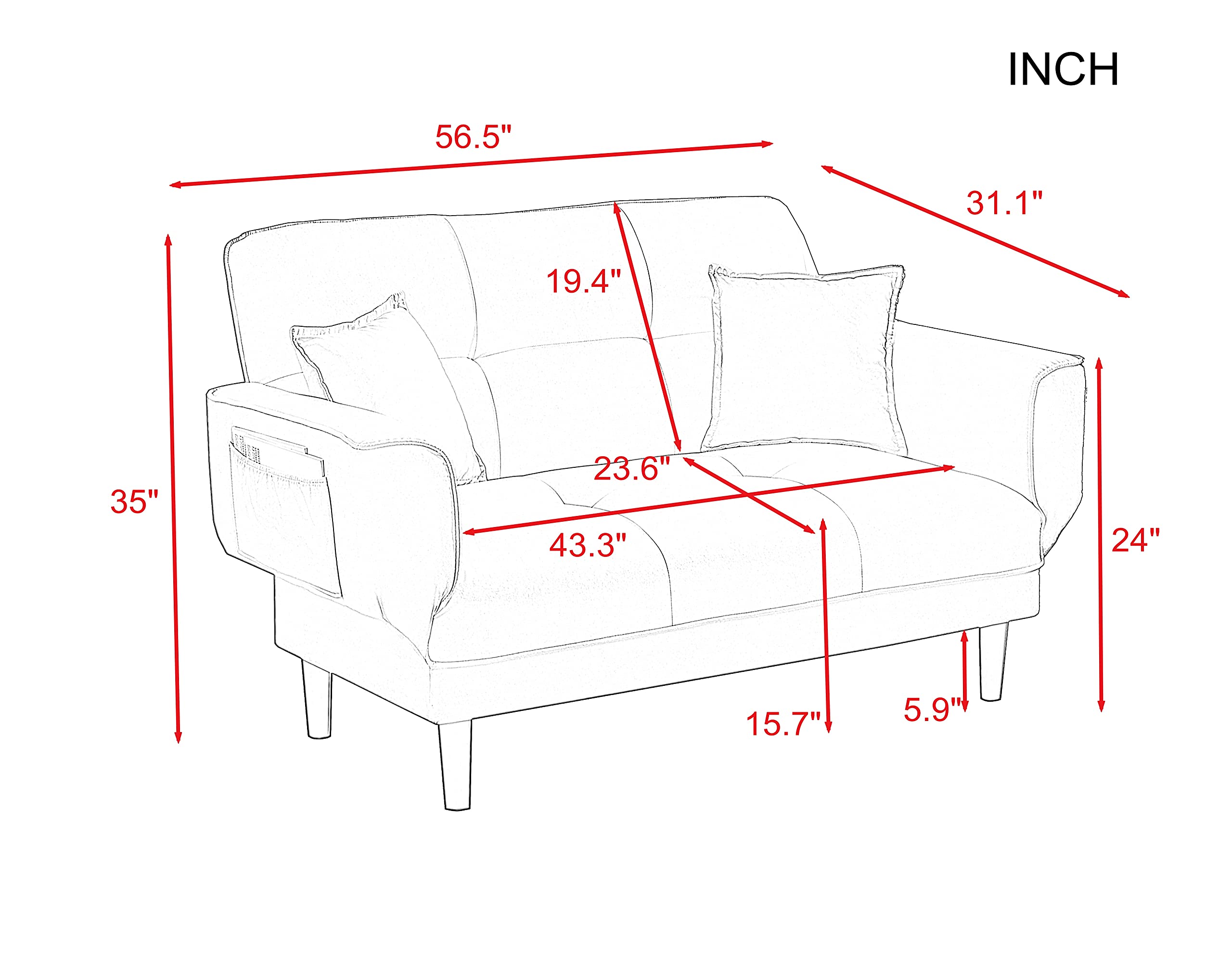 Lepfun Convertible Bed 2 Pillows, Loveseat Sleeper Futon, Recliner Couch with Adjustable Armrest and Wood Legs,Living Room Sofa with Backrest for Small Space(Light Grey)