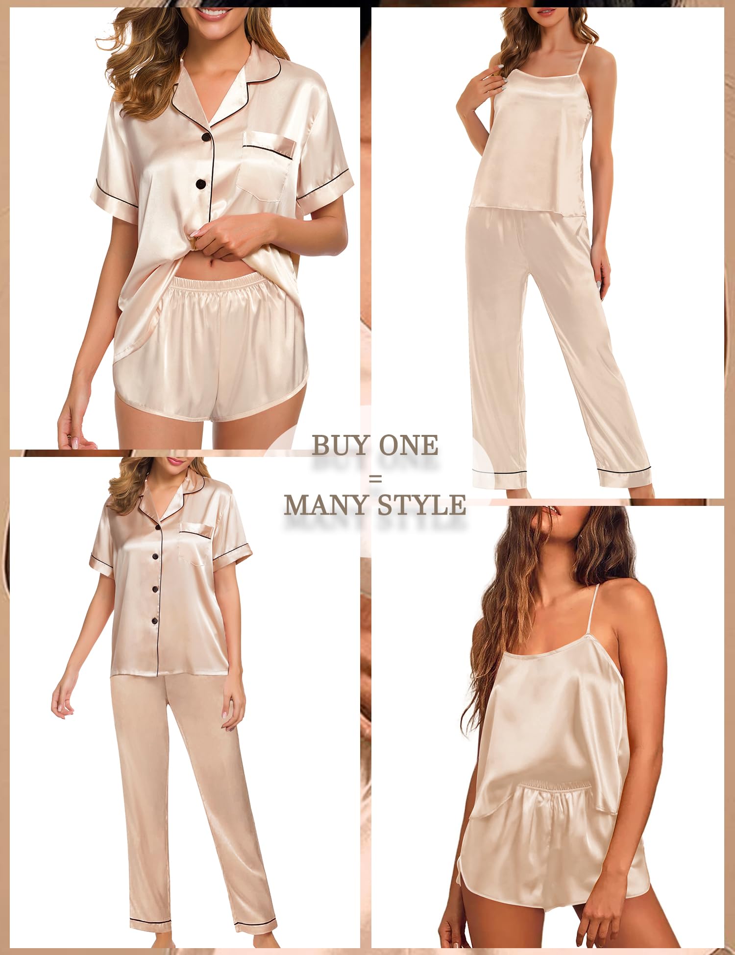 SWOMOG Womens 4pcs Pajamas Sets Silk Satin Pjs Silky Sexy Cami Shorts Set Button Down Short Sleeve Sleepwear Loungewear, Champagne Medium
